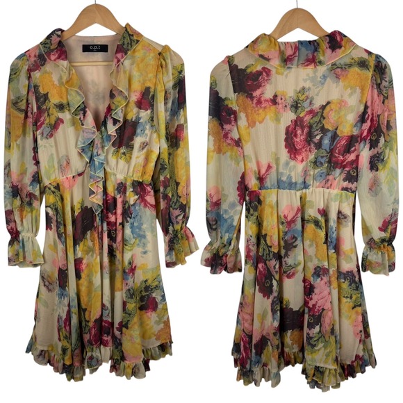 o.p.t | Dresses | Opt Womens Floral Mini Dress Sz Small Ruffle Trim ...